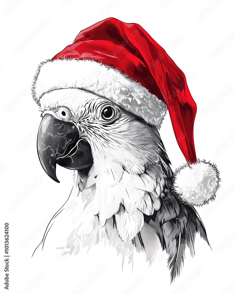 ra parrot wearing a Santa hat in black and white illustration. Concept ...