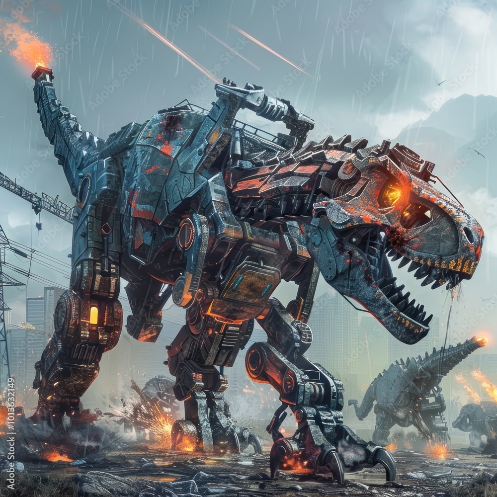 Futuristic T-Rex mechanical warriors invade the post-apocalyptic world ...
