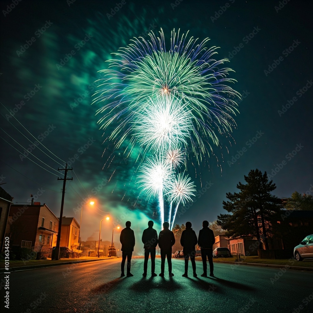 Silhouettes of Friends Witnessing Fireworks Display. Five friends stand ...