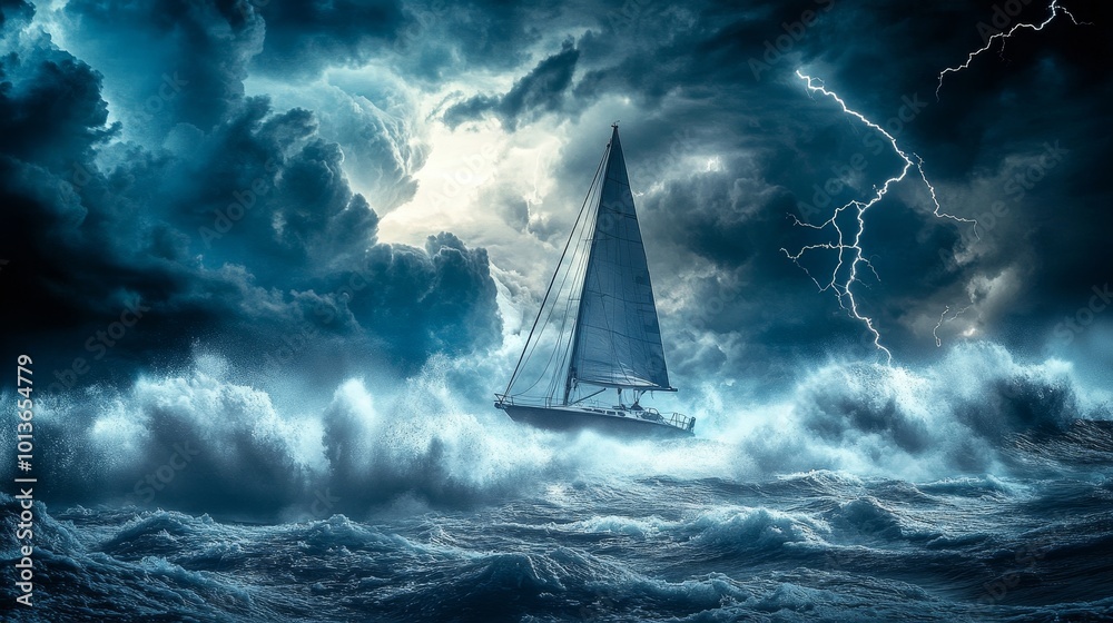 Sailboat Struggles Against Tempestuous Storm, Lightning Strikes, Night ...