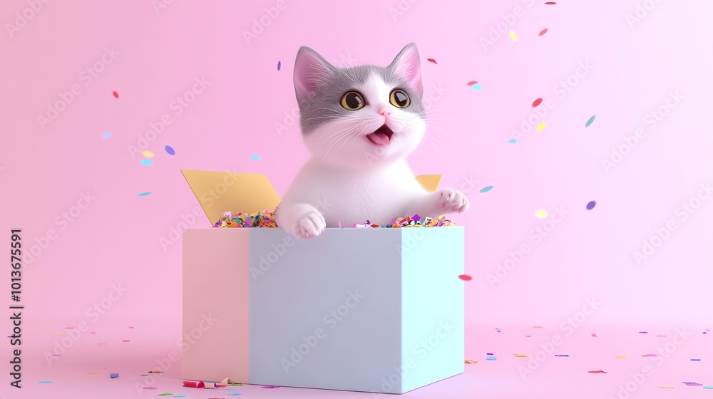13 3D render of a playful little cat popping out of a pastel box with ...