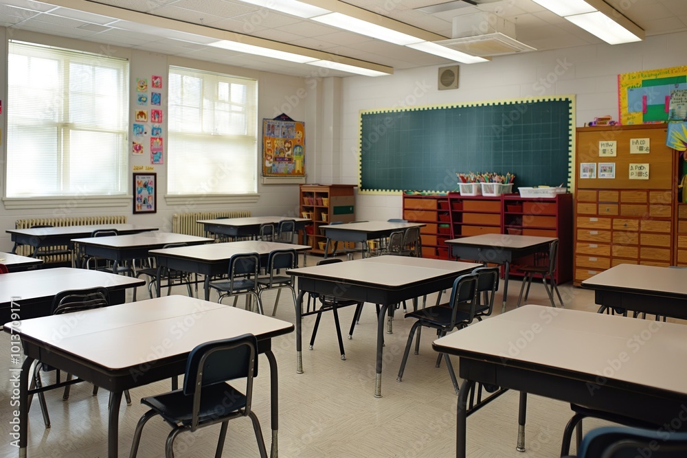 Classroom interior design with modern furniture, light-colored tiles ...