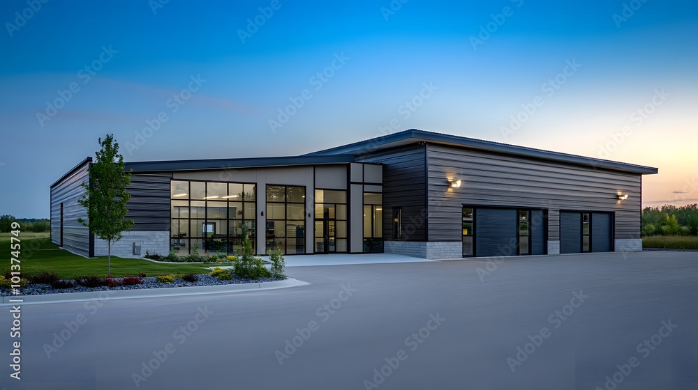 Exterior of a modern warehouse with a small office unit, featuring ...