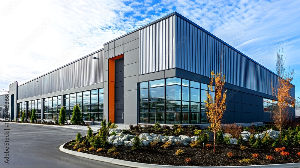 Exterior of a modern warehouse with a small office unit, featuring ...