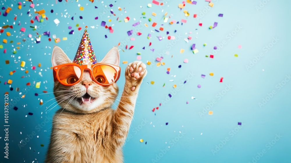 Orange tabby cat in a party hat and orange sunglasses with colorful ...