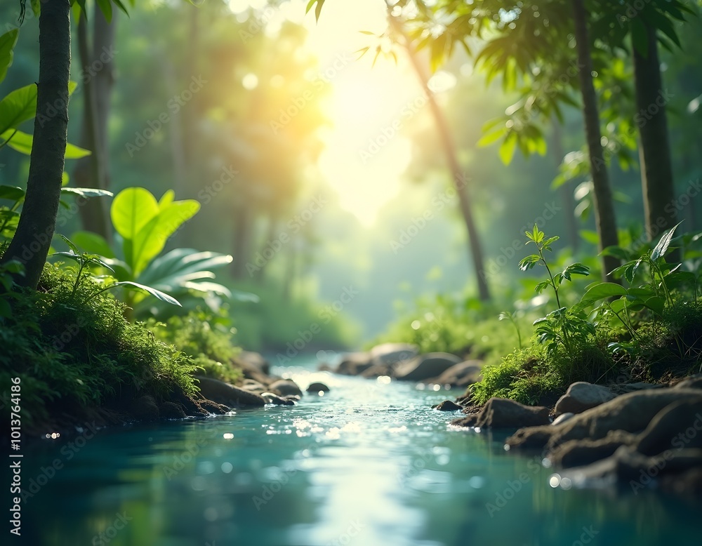 Peaceful tropical forest with sunlight and eco-concepts like renewable ...