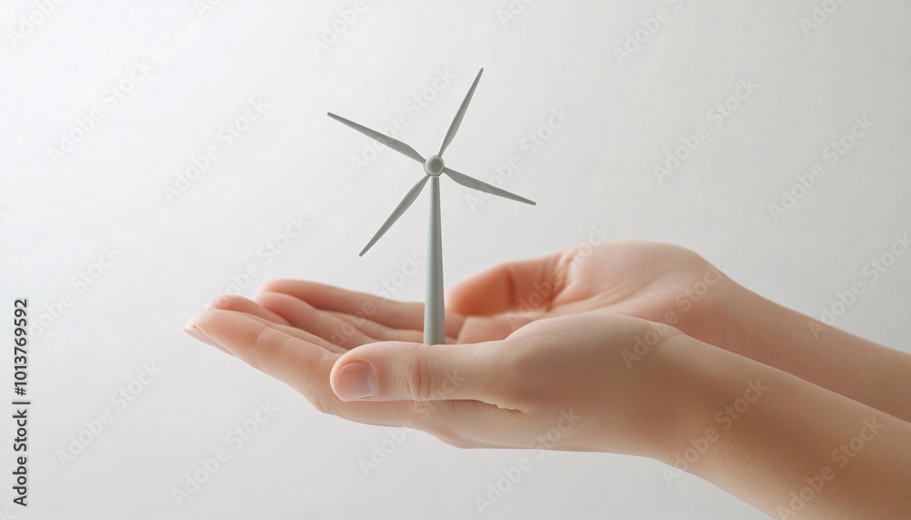 Gentle hands nurturing a small wind turbine representing hope and ...