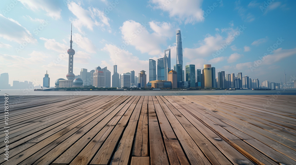 Wooden square platform overlooking the modern skyline of Shanghai ...