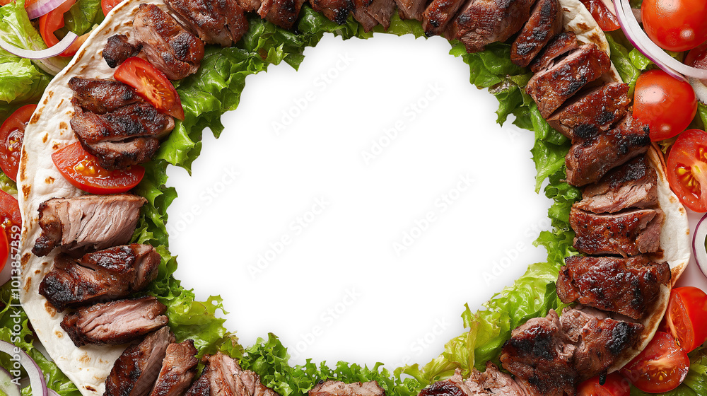 Circular arrangement of kebab wrap with grilled meat and vegetables on ...