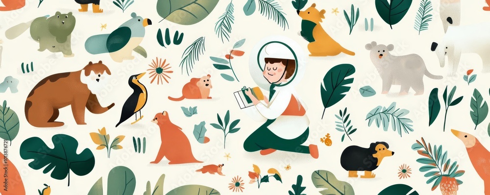 Design a vibrant pattern featuring a circle-headed zoologist engaged in ...