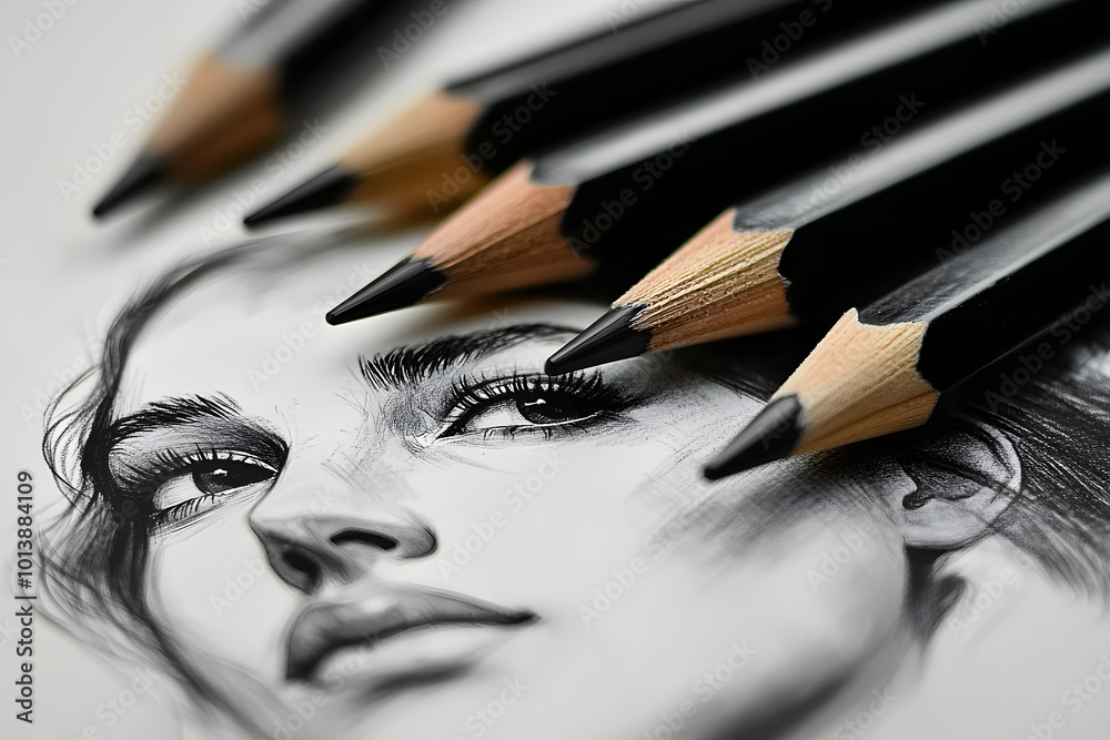 Black and white graphite pencils laying on top of a portrait sketch on ...