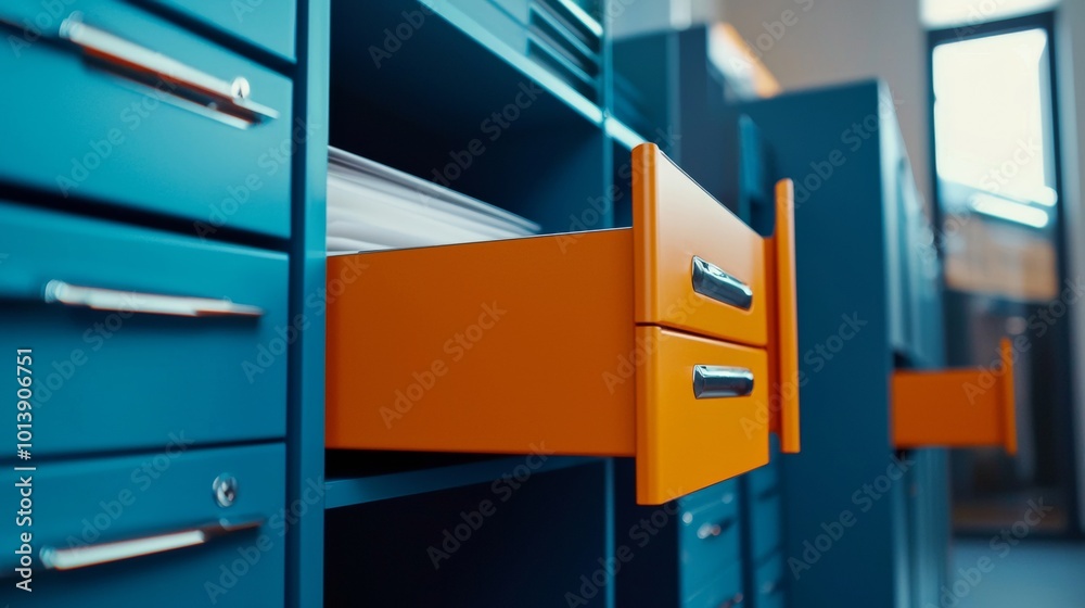 Open blue orange drawers of filing cabinets for storing data, archives ...