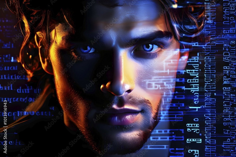 Portrait of a male with projected digital text in various fonts and ...
