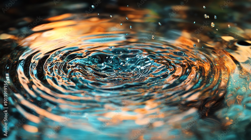 Ripple effect on water surface, reflecting light with vibrant colors ...