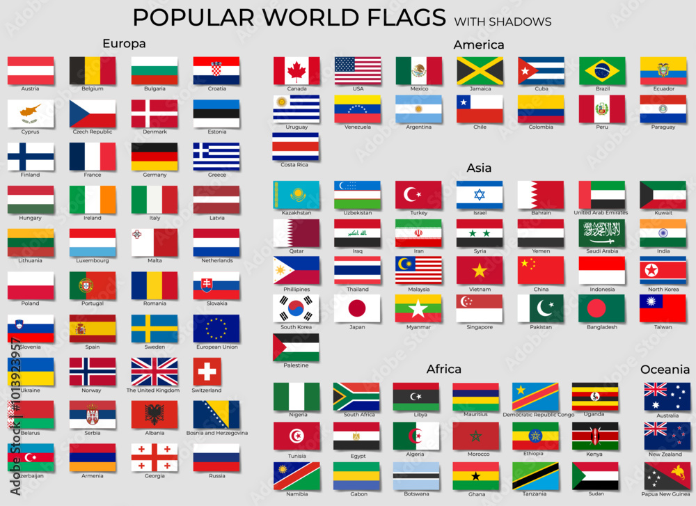 National flags of the world with shadows, official RGB coloring and ...