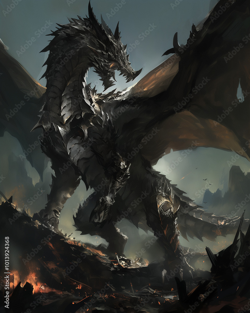 titanic black dragon stands amidst ruins, wings spread as it dominates ...