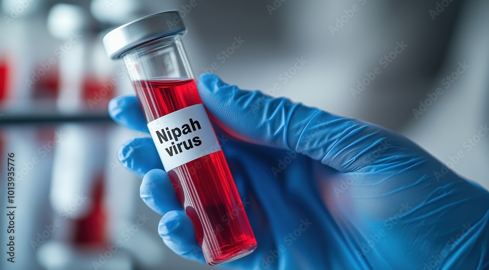 Nipah virus. A gloved hand holds a test tube labeled "Nipah virus" with ...