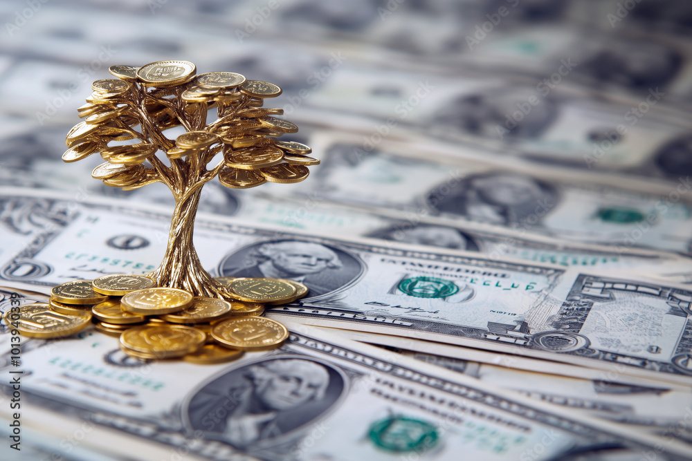 Conceptual image of a golden coin tree growing from a stack of dollar ...
