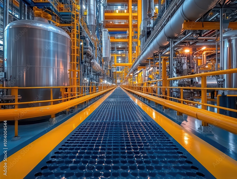 industrial factory interior showcasing a complex piping system along a ...