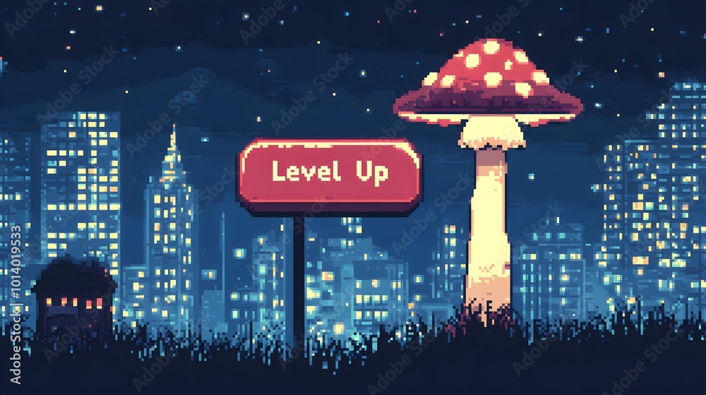 Pixel art game background with a "Level Up" button, embodying a retro ...