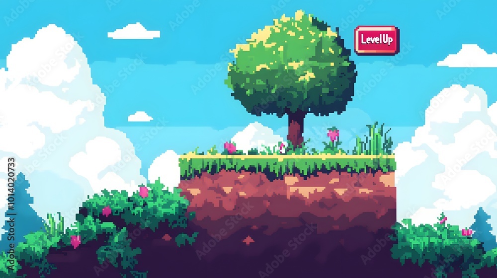 Pixel art game background with a "Level Up" button, embodying a retro ...