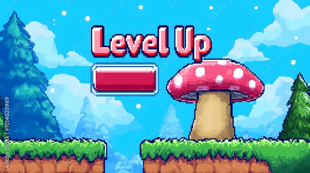 Pixel art game background with a "Level Up" button, embodying a retro ...