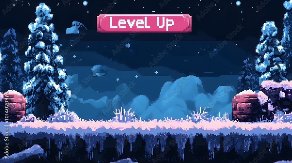 Pixel art game background with a "Level Up" button, embodying a retro ...