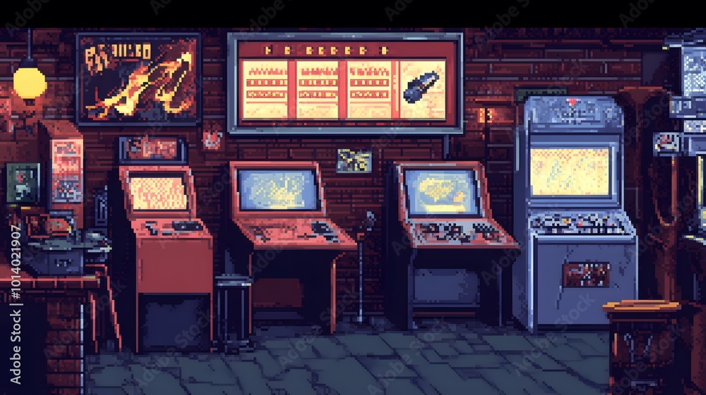 Pixel art game retro 8-bit video game interface background with classic 8-bit graphics ...