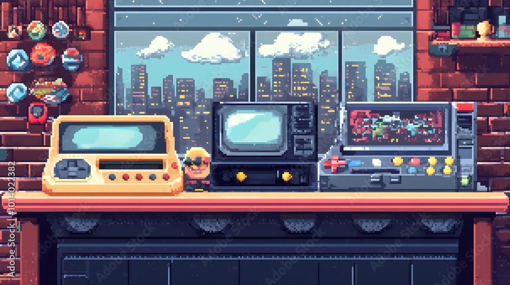 Pixel art game retro 8-bit video game interface background with classic 8-bit graphics ...