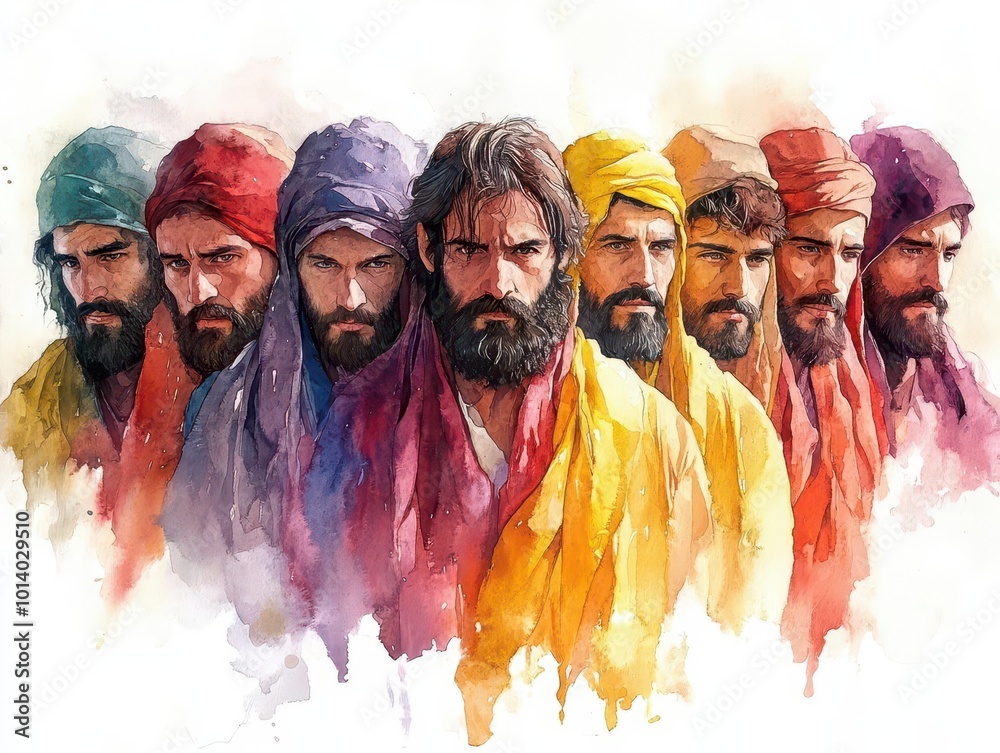 the twelve disciples depicted in a watercolor illustration exuding a ...