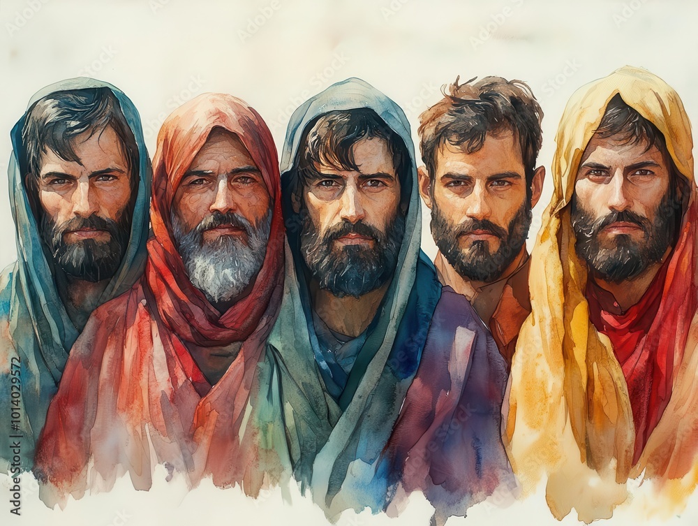 the twelve disciples depicted in a watercolor illustration exuding a ...