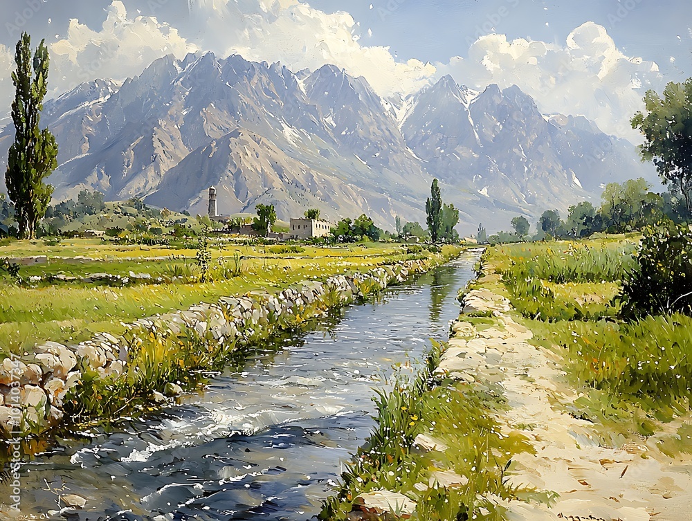 Quiet scene of an Indus Valley canal with water flowing smoothly ...