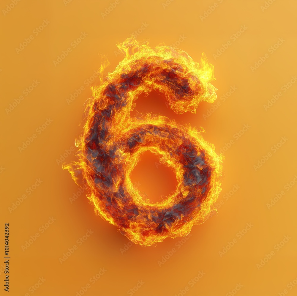 Fiery Number Six Symbol with Realistic Flames and Intense Orange ...