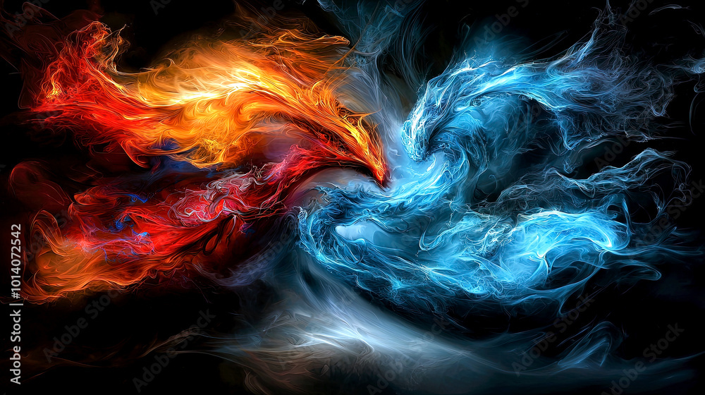 Colorful abstract red blue fire ice clash contrast, dynamic energy ...
