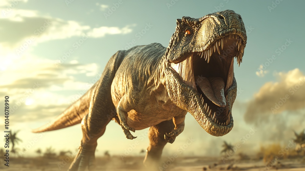 Fierce T. rex roaring in a prehistoric landscape with dramatic lighting ...