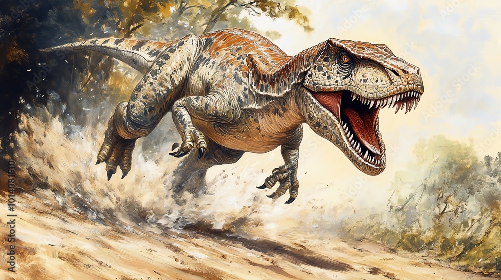 Dynamic illustration of a roaring Tyrannosaurus rex in a prehistoric ...