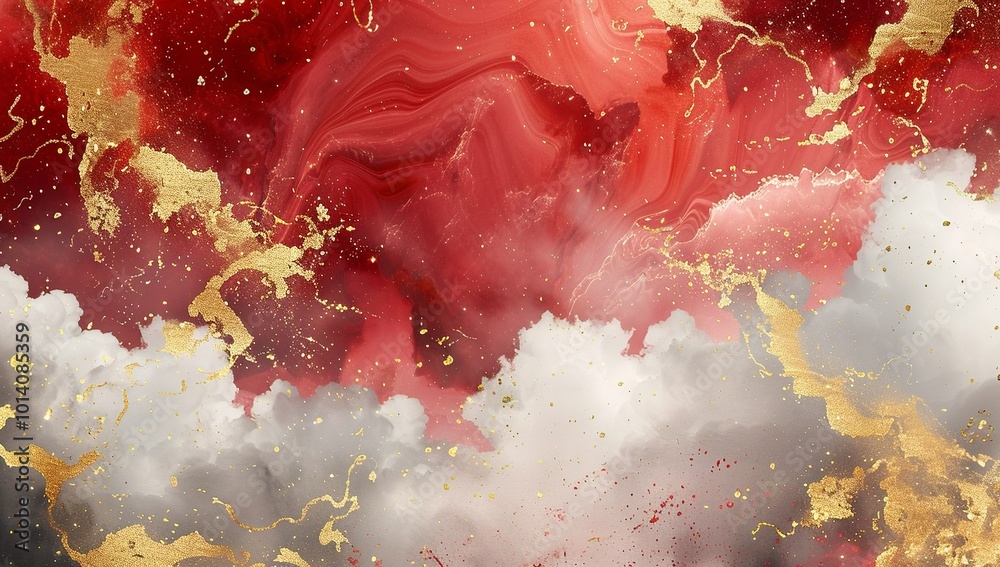 Marble texture, surrounded by gold strokes, clouds and mist, red color scheme Stock Photo ...
