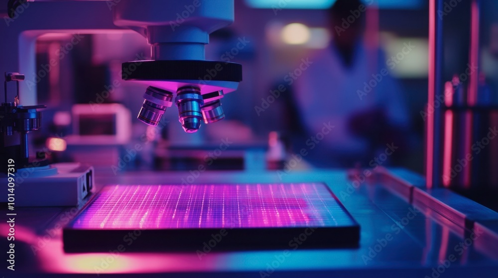 A solar cell under a microscope in a research lab, with scientists ...