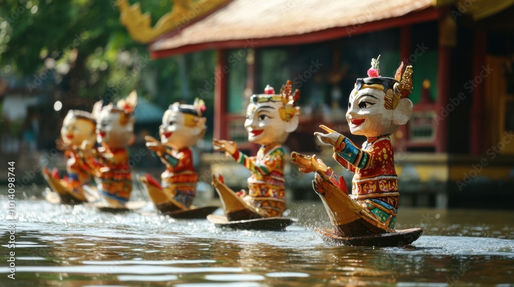 A traditional Vietnamese water puppet performance, with puppets gliding ...