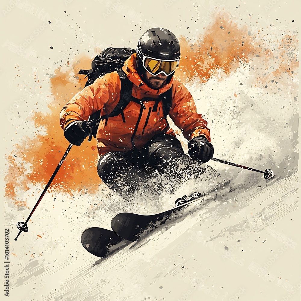 Colorful vector illustration of skier midturn carving through snow on a ...