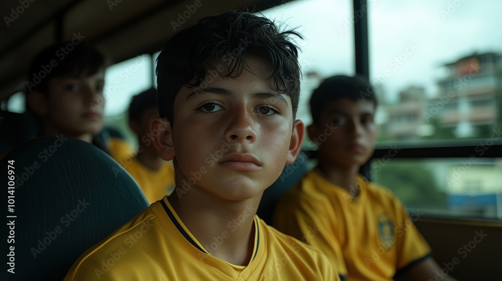 Serious young boy riding a bus with his peers, staring thoughtfully out ...