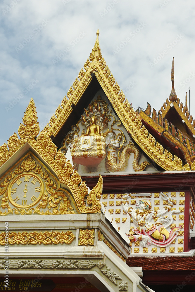 Thai Buddhist gable church with beautiful Thai stucco art at Wat Naga ...