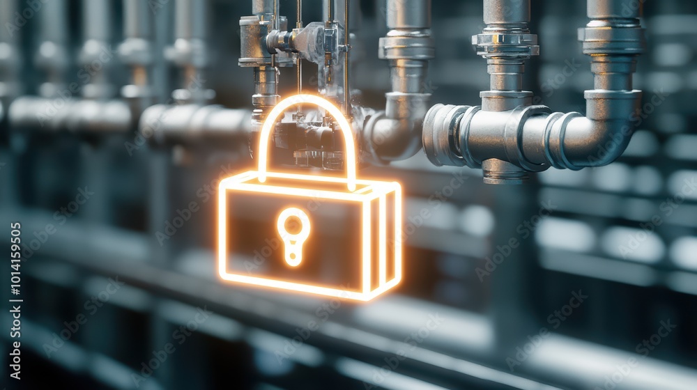 Visual representation of a digital lock icon hanging between industrial ...