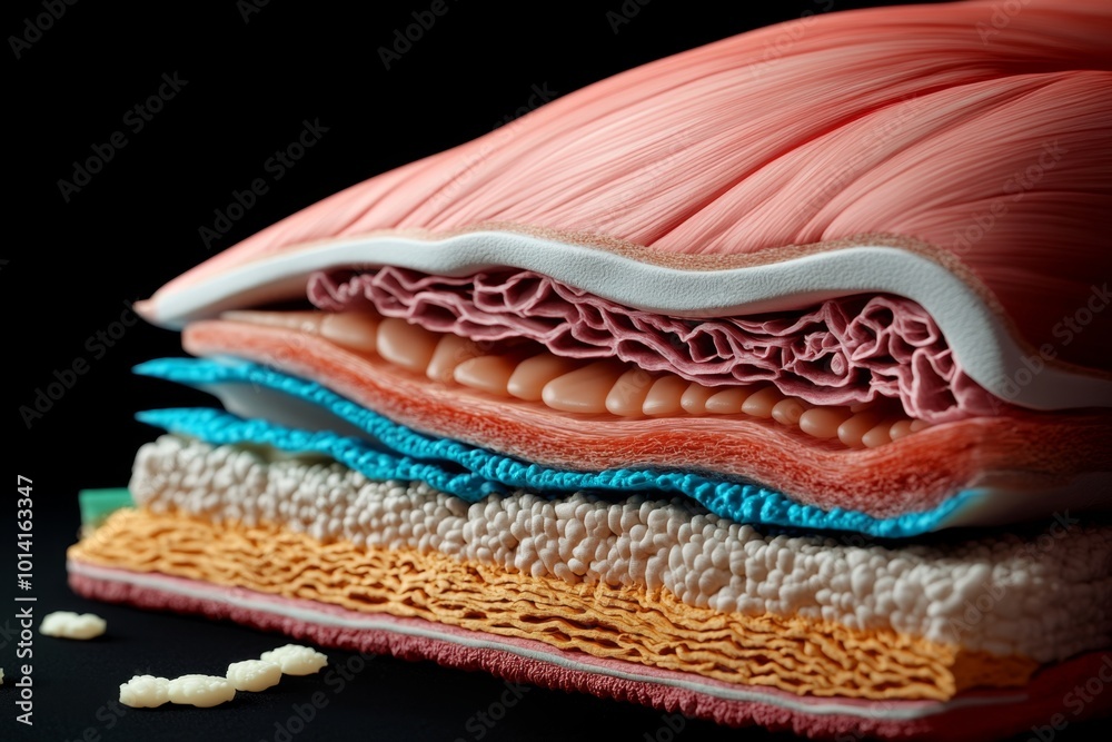 Cross-section of human muscle tissue, showing the layers from the skin ...