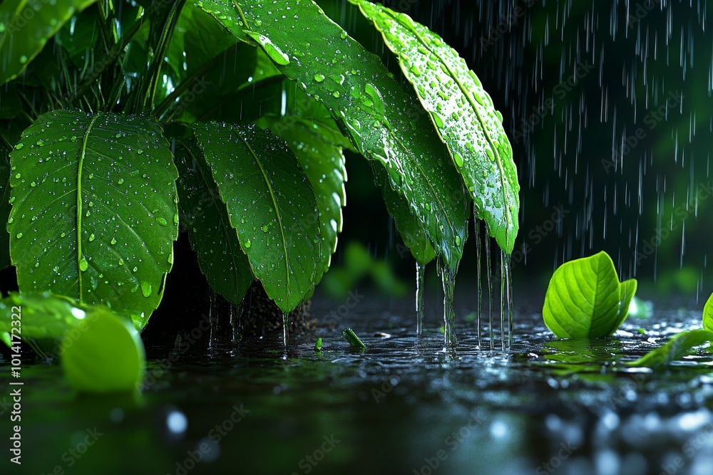 Realistic depiction of a lush rainforest during heavy rainfall, with ...