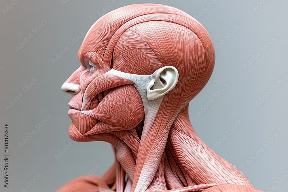 Realistic skeletal muscles of the human neck, showing the ...