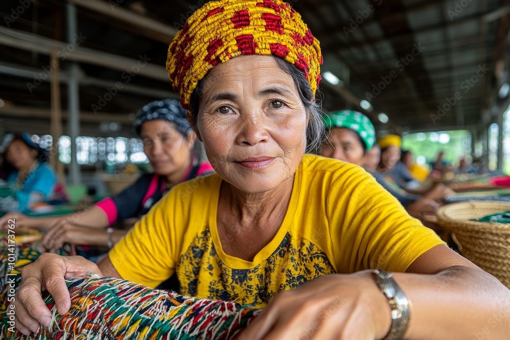Rural women weaving baskets and textiles, working together in a ...