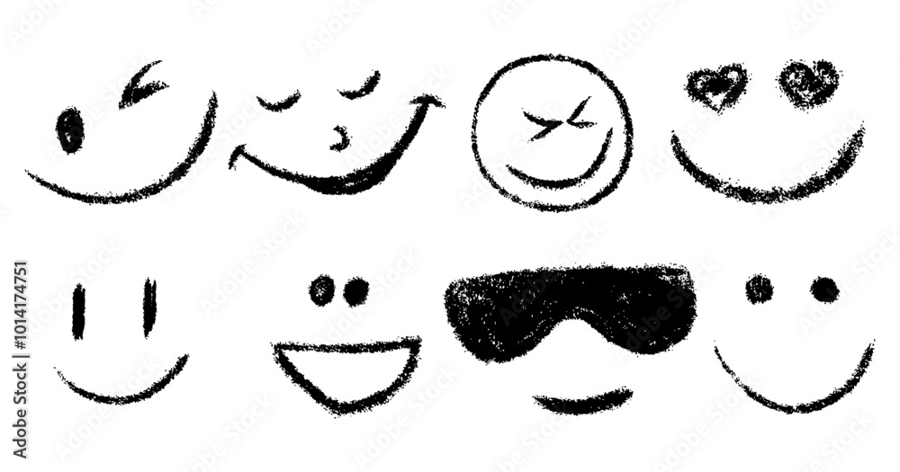 Doodle chalk smile emoji face icon set. Textured kids hand drawn sketch ...