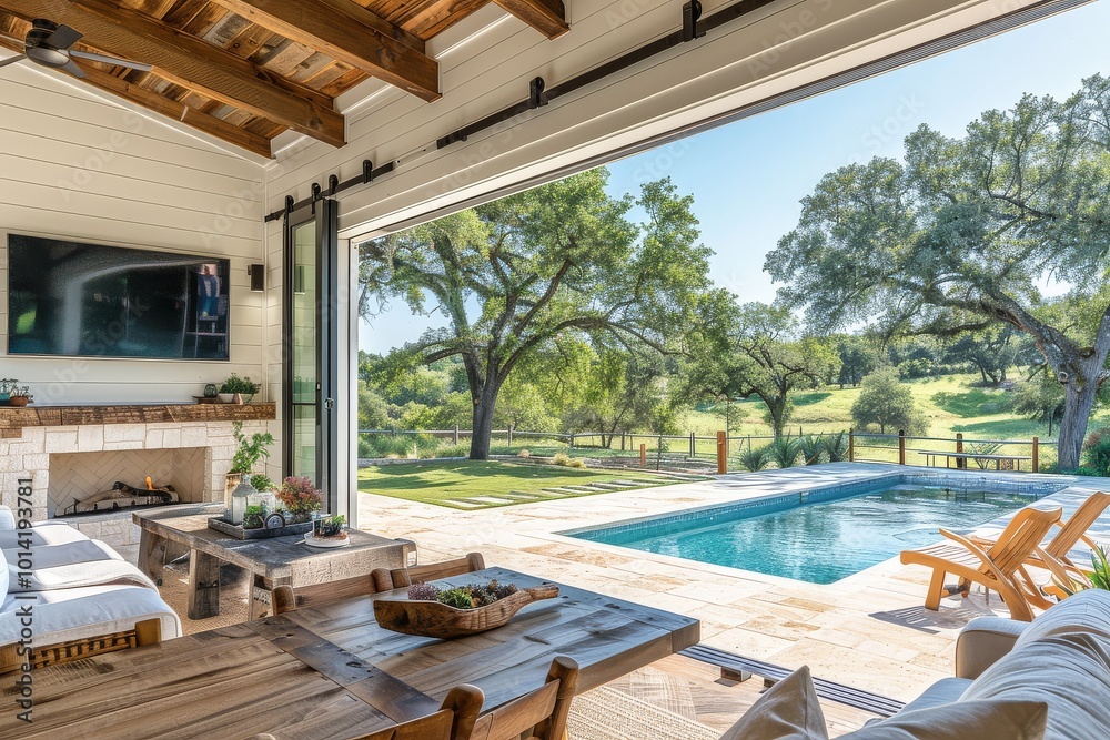 Large covered patio with white shiplap, wood beams, TV, dining table ...