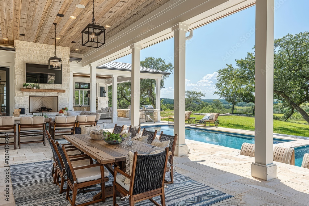 Ilustración de Stock Large open porch with TV, dining table, chairs ...